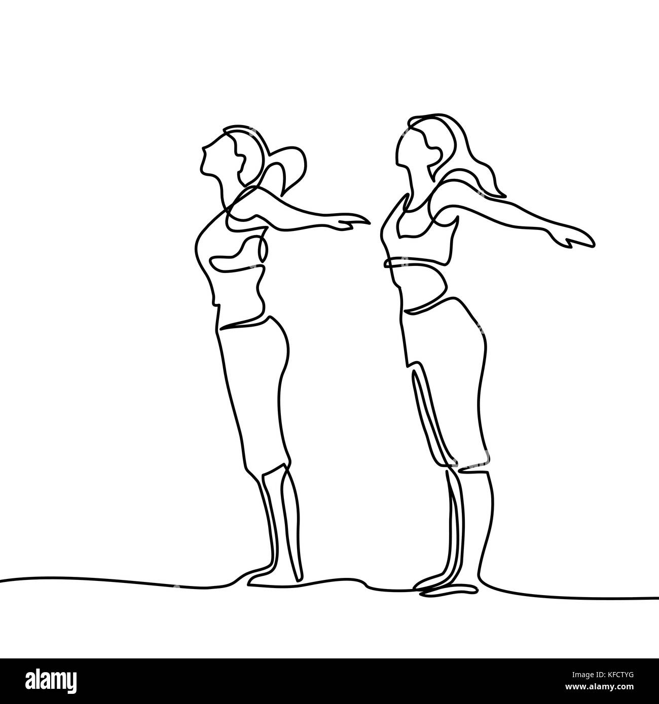 Continuous Line Drawing Two Women Doing Exercise In Yoga Pose Vector