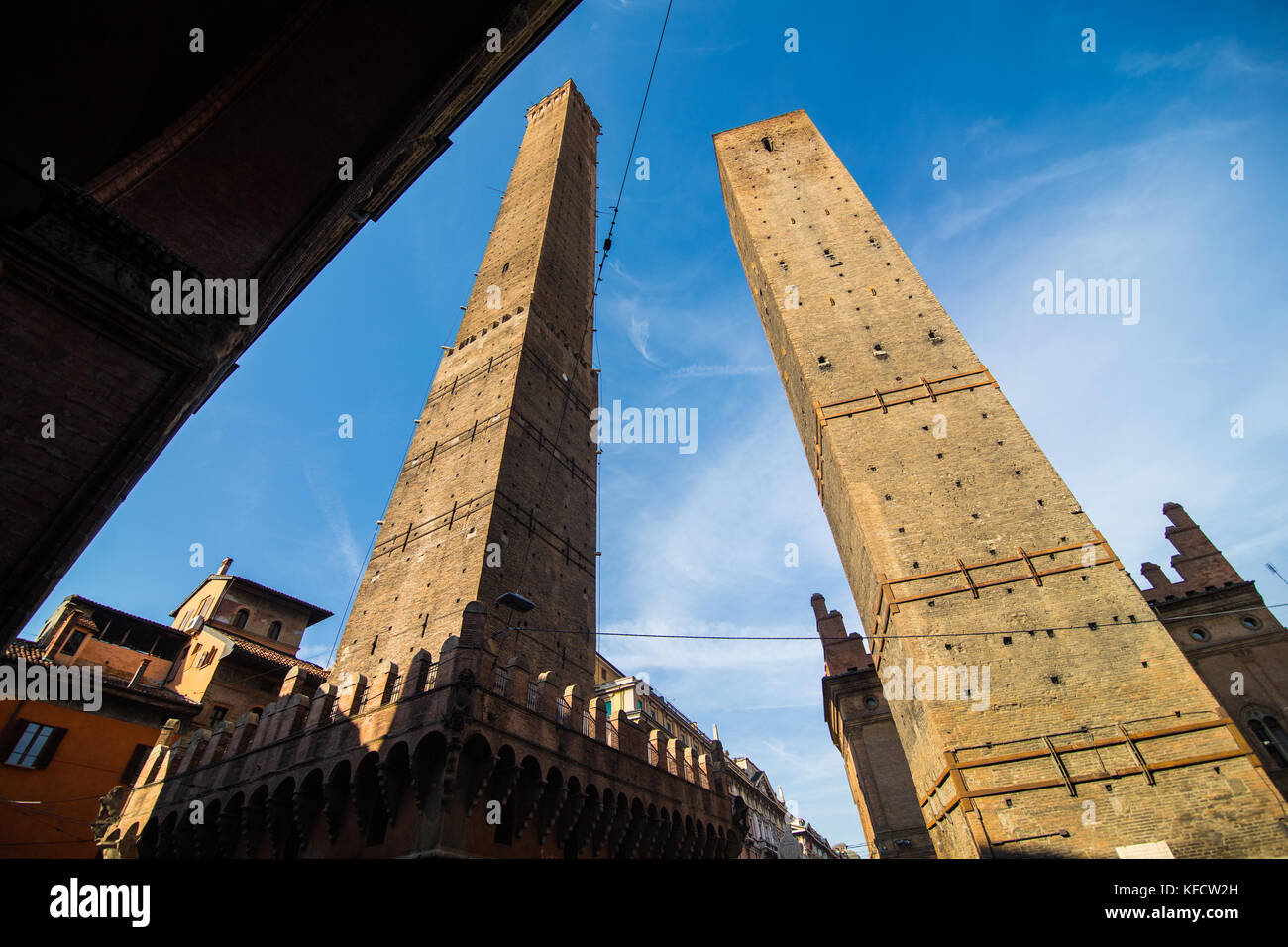 BOLOGNA, ITALY - October, 2017: Two famous falling towers Asinelli and Garisenda in the morning ...
