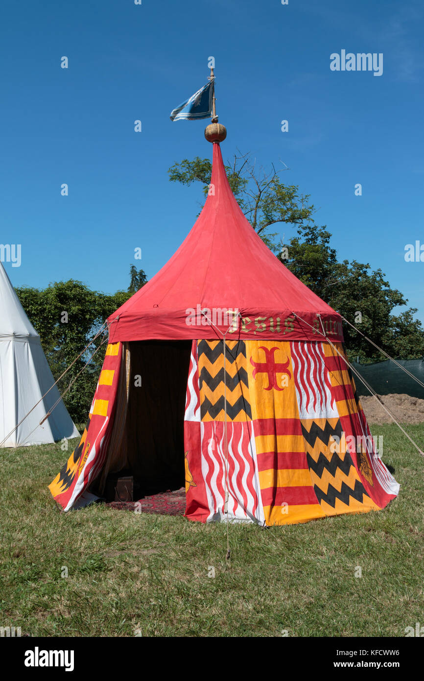 Red and Yellow Tent on Meadow set up for Medieval Event Fair Stock ...