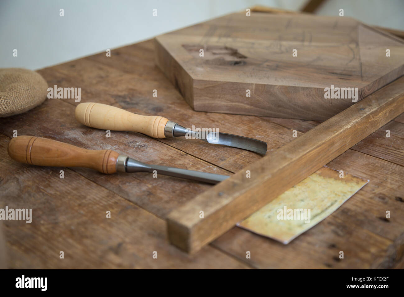 Marquetry Tools For Carver on Wooden Plank Stock Photo - Alamy