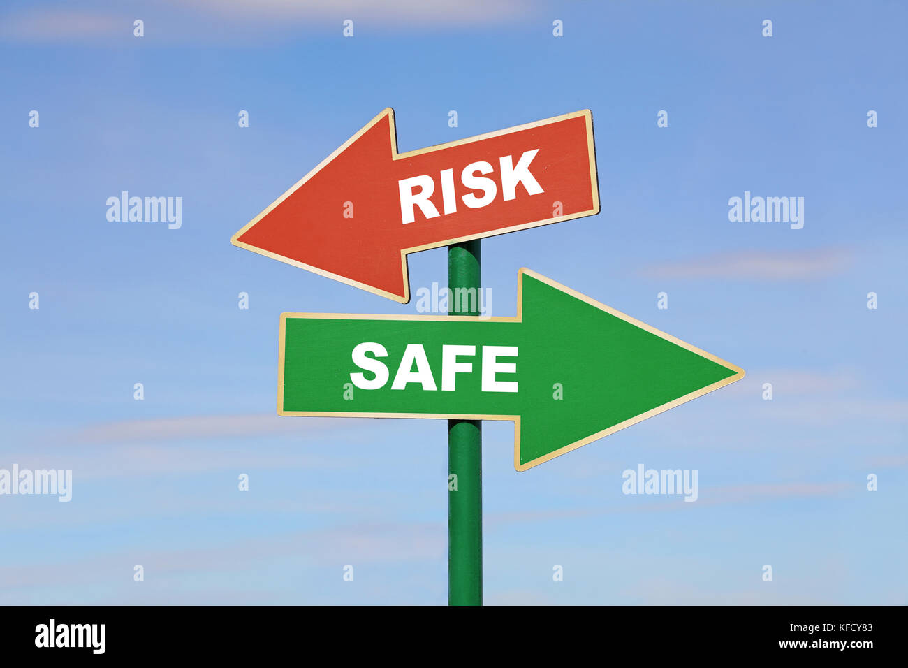 Road signpost with two arrows, green and red, with risk and safe words ...