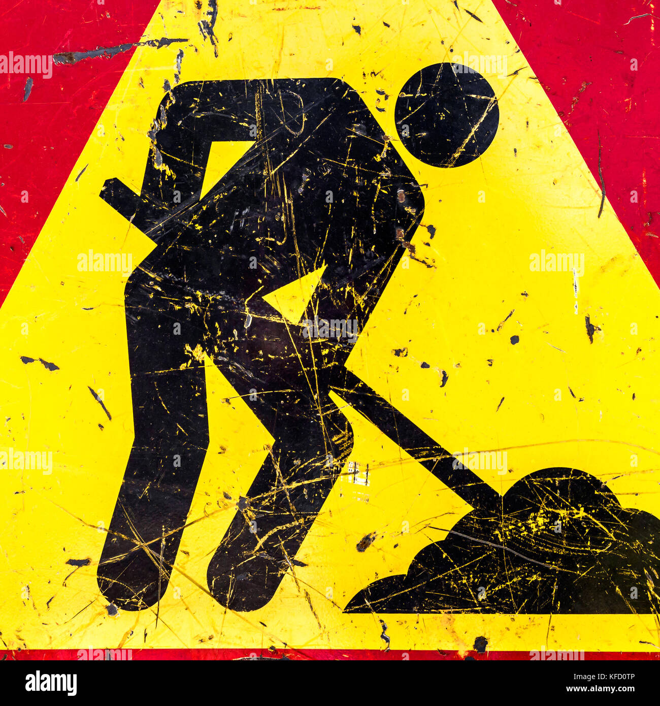 One sign of attention, road works. The sign is old, worn out Stock ...