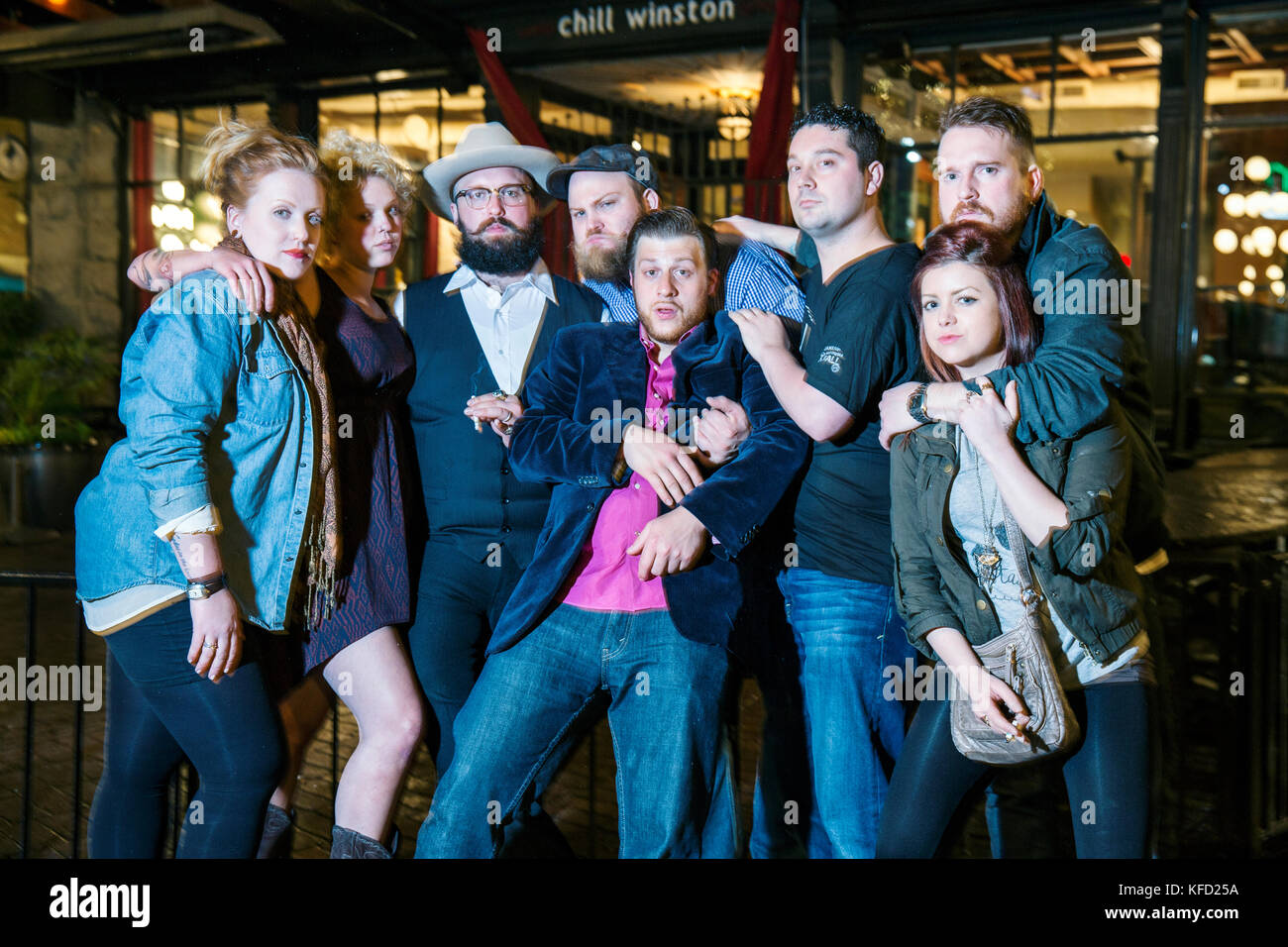 CANADA, Vancouver, British Columbia, friends group up in front of Chill ...