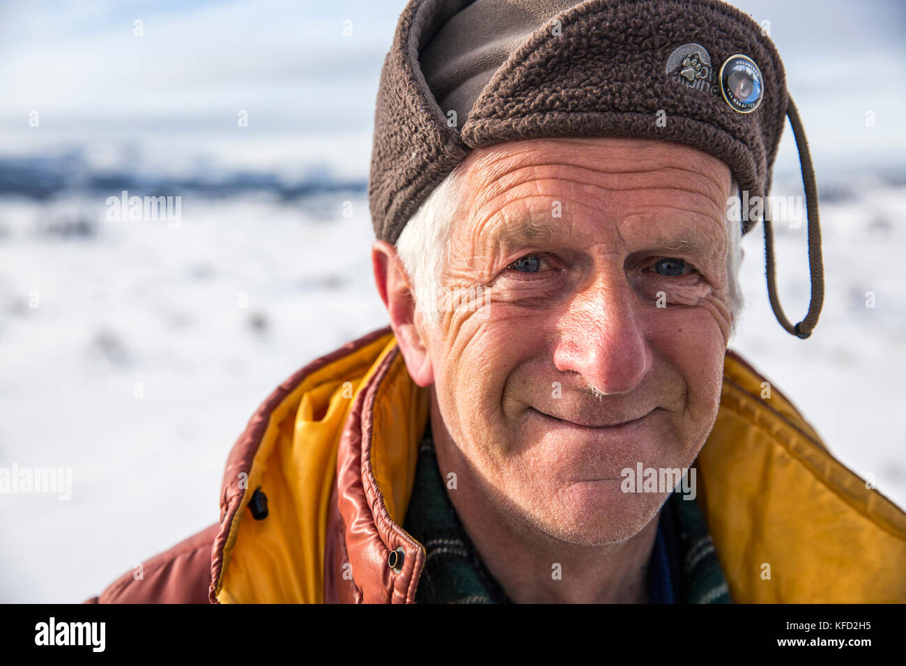 USA, Wyoming, Yellowstone National Park, portrait of a wolf-watcher ...