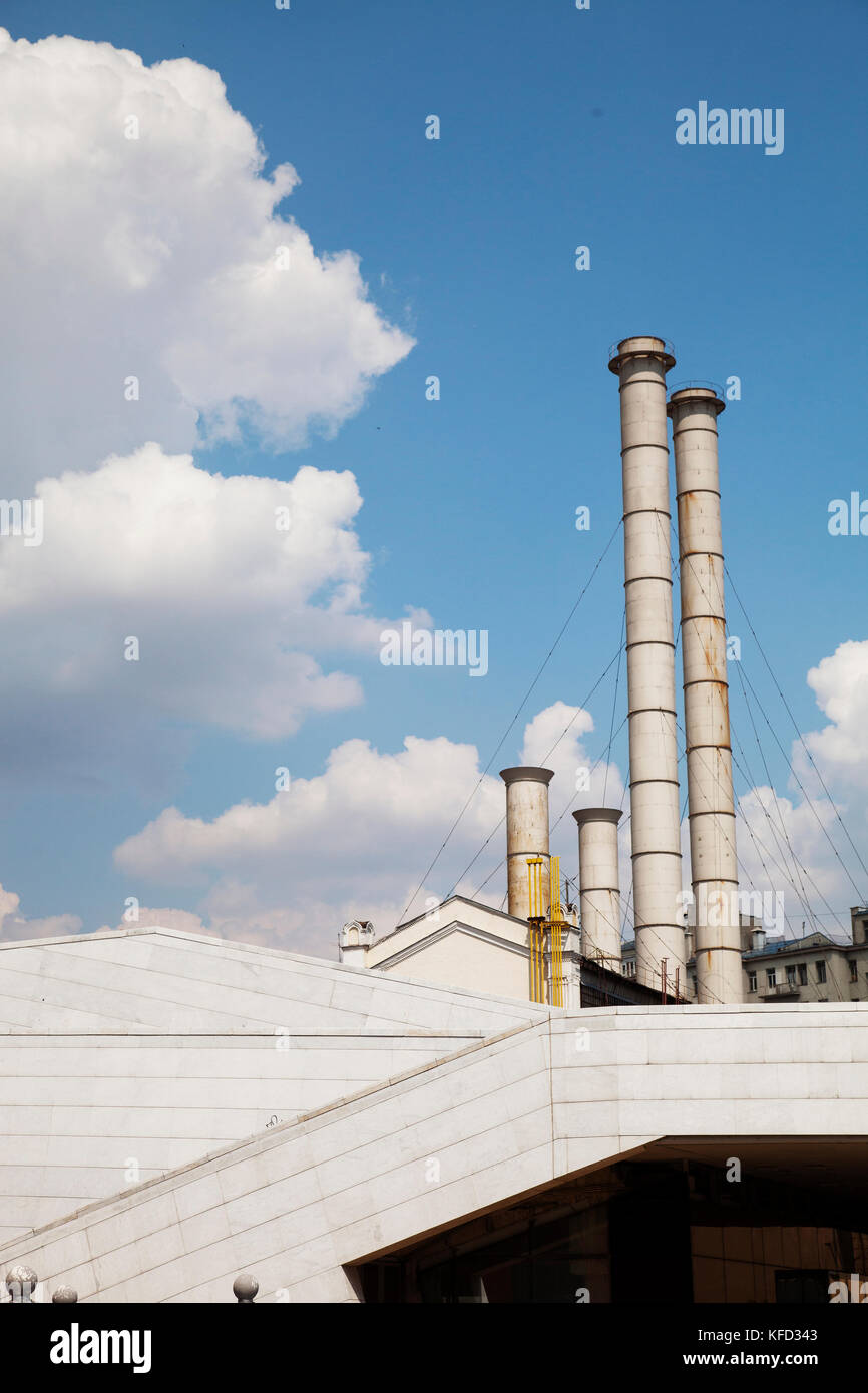 RUSSIA, Moscow. Smoke stacks fo the old Red October Chocolate Factory ...