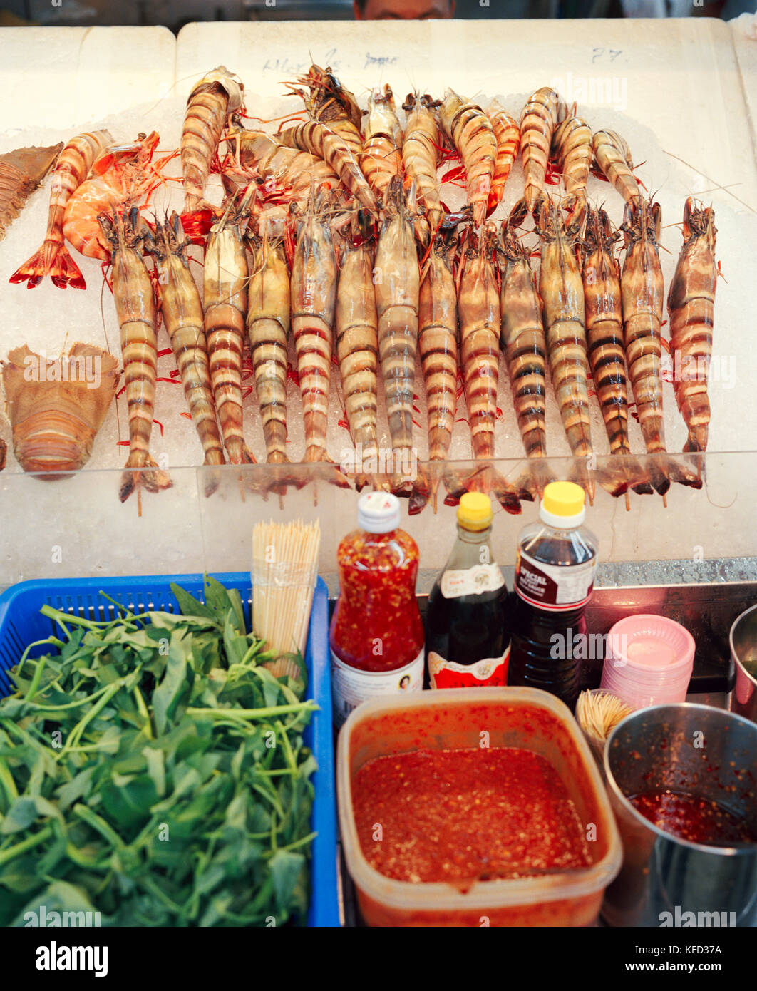 SINGAPORE, Asia, close-up of prawns arranged in Newton Food Court Stock ...
