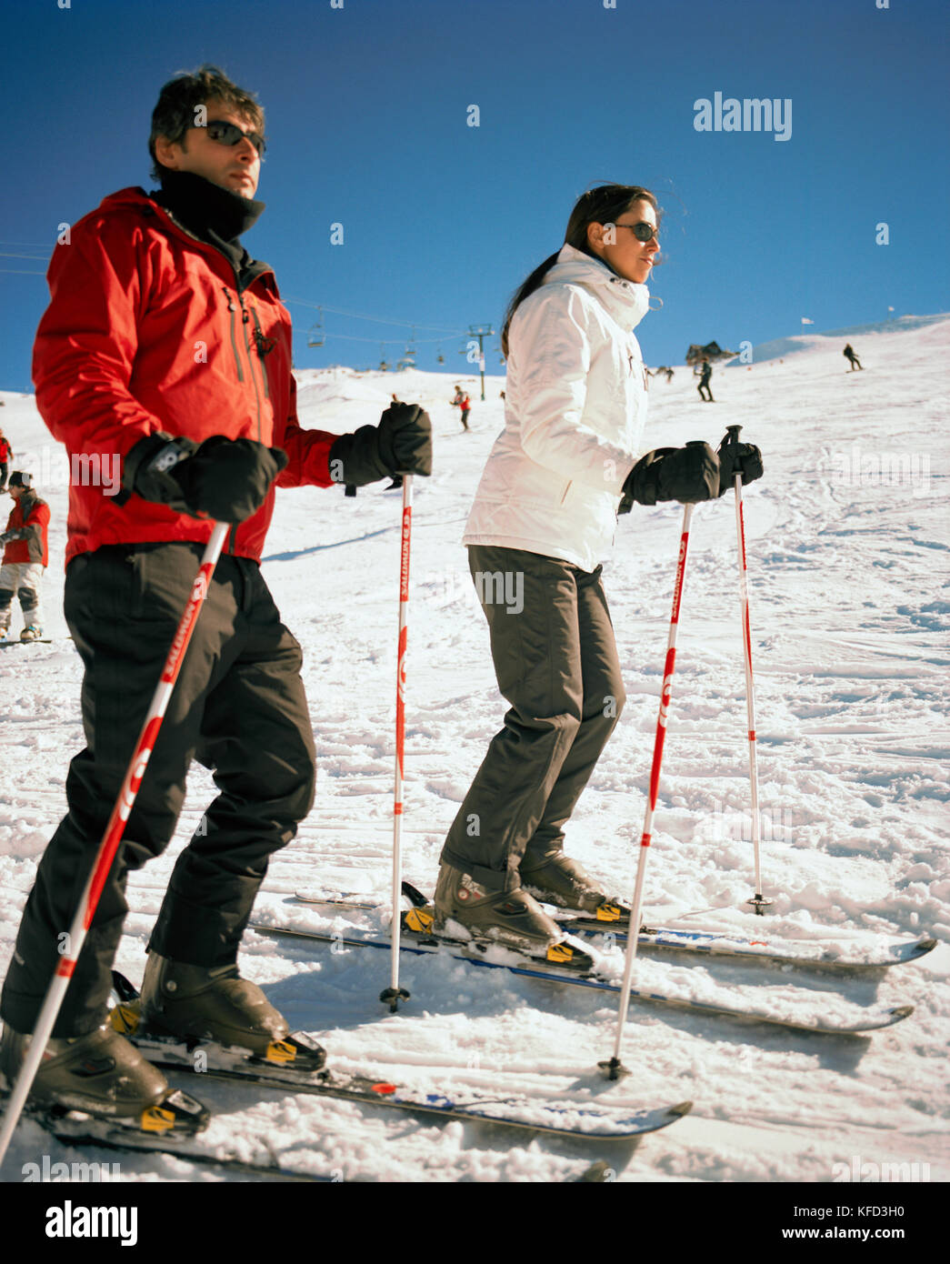 ARGENTINA, Bariloche, Cerro Cathedral, close-up of people skiing on ...