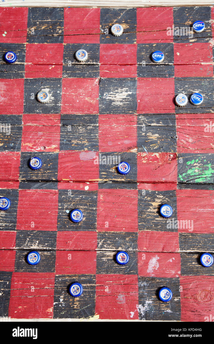 EXUMA, Bahamas. A homemade checker board at the Compass Cay Marina ...