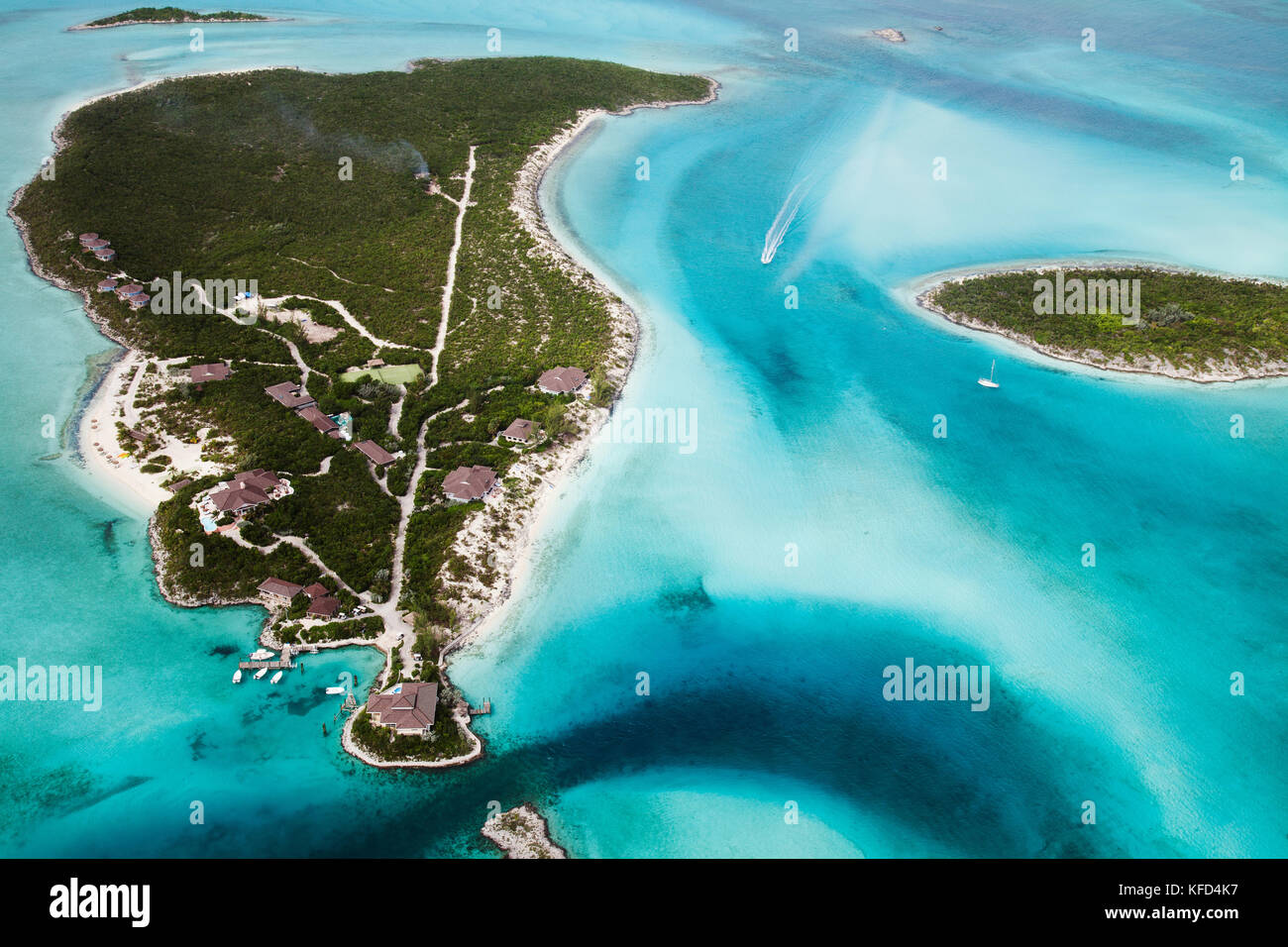 EXUMA, Bahamas. A view from the plane of the Fowl Cay Resort Stock ...
