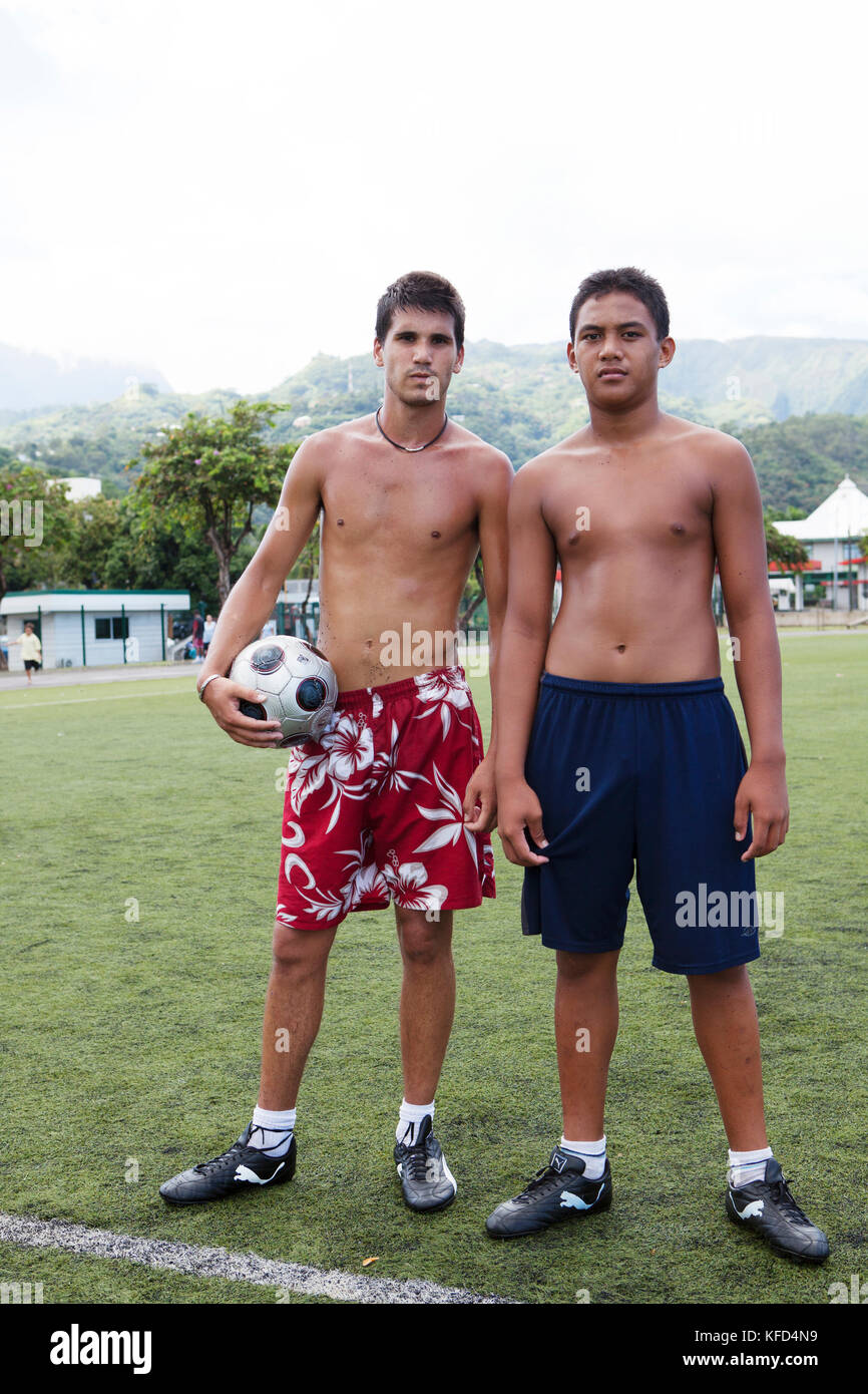 FRENCH POLYNESIA, Tahiti, Papeete. A soccer game between locals at the ...