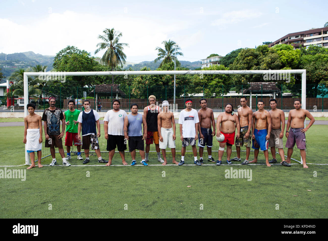 FRENCH POLYNESIA, Tahiti, Papeete. A soccer game between locals at the ...
