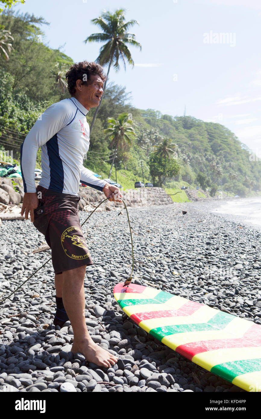 FRENCH POLYNESIA, Tahiti. Local surfers at Papenoo Beach Stock Photo ...
