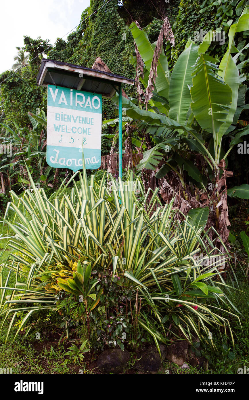 FRENCH POLYNESIA, Tahiti. A welcome sign to the village of Vairao ...