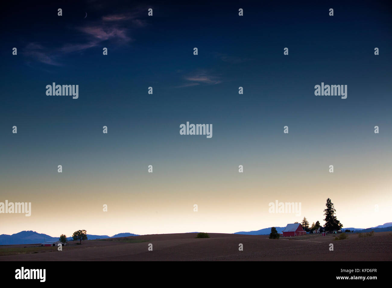 USA, Oregon, Willamette Valley, farm landscape with a crescent moon ...