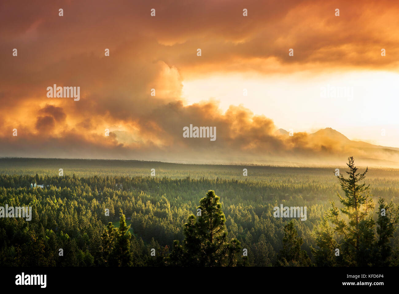 USA, Oregon, Bend, the smoke of the two bulls fire near Bend billows ...