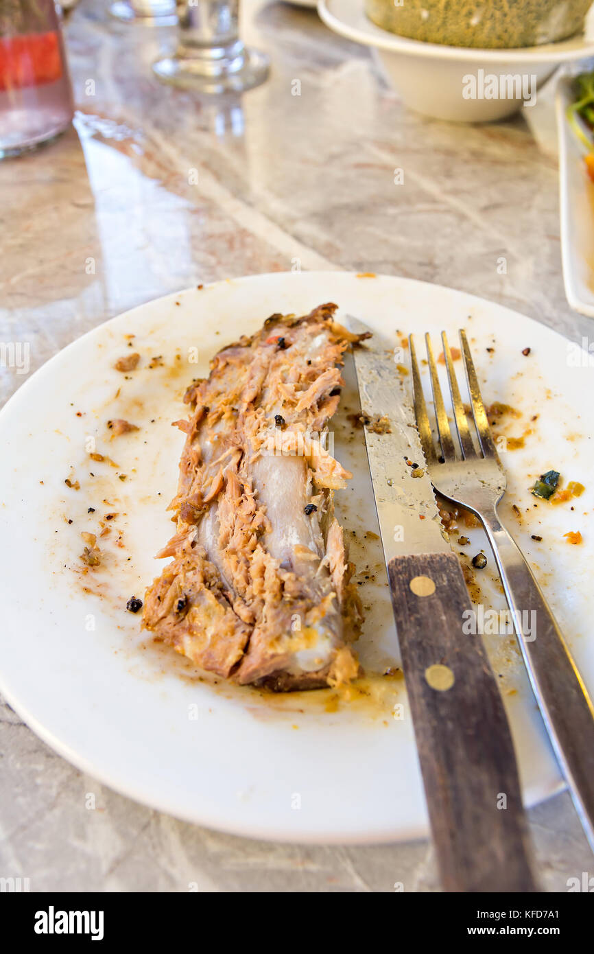 Dirty and empty steak dish with rib bone Stock Photo - Alamy