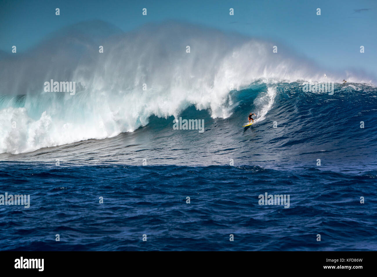 USA, HAWAII, Maui, Jaws, big wave surfers taking off on a wave at Peahi ...