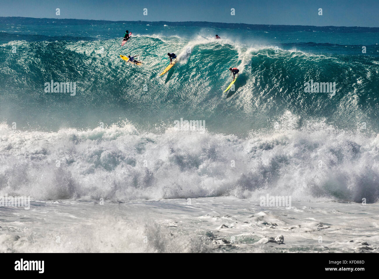 HAWAII, Oahu, North Shore, Eddie Aikau, 2016, surfers competing in the ...