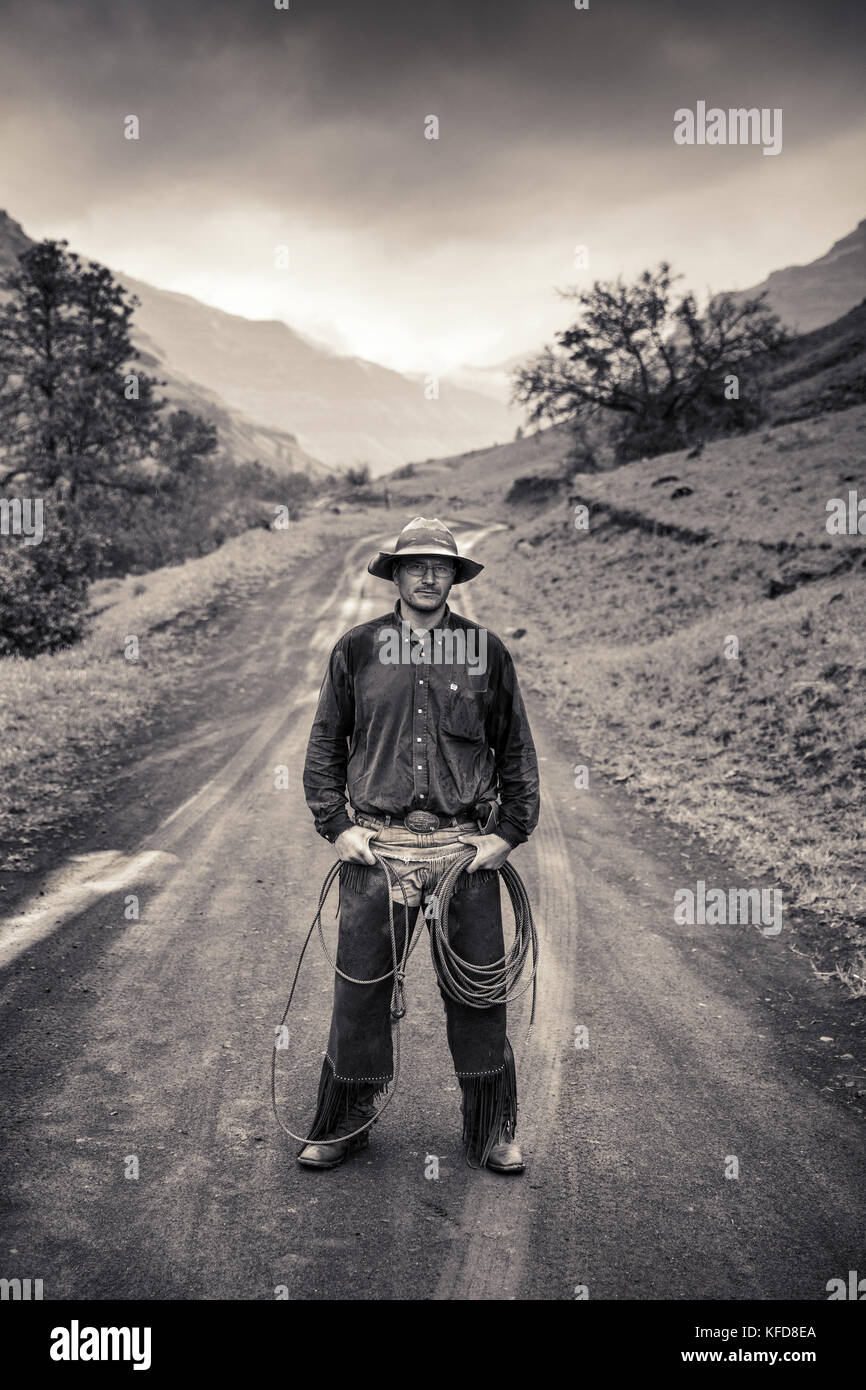 USA, Oregon, Joseph, portrait of cowboy Cody Ross in the canyon up Big ...