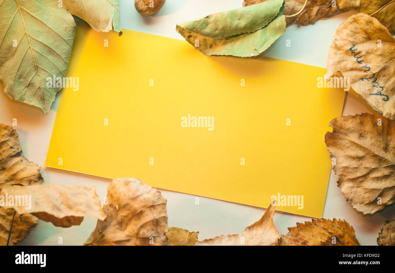 Empty yellow note card, space for text, message greeting card with ...