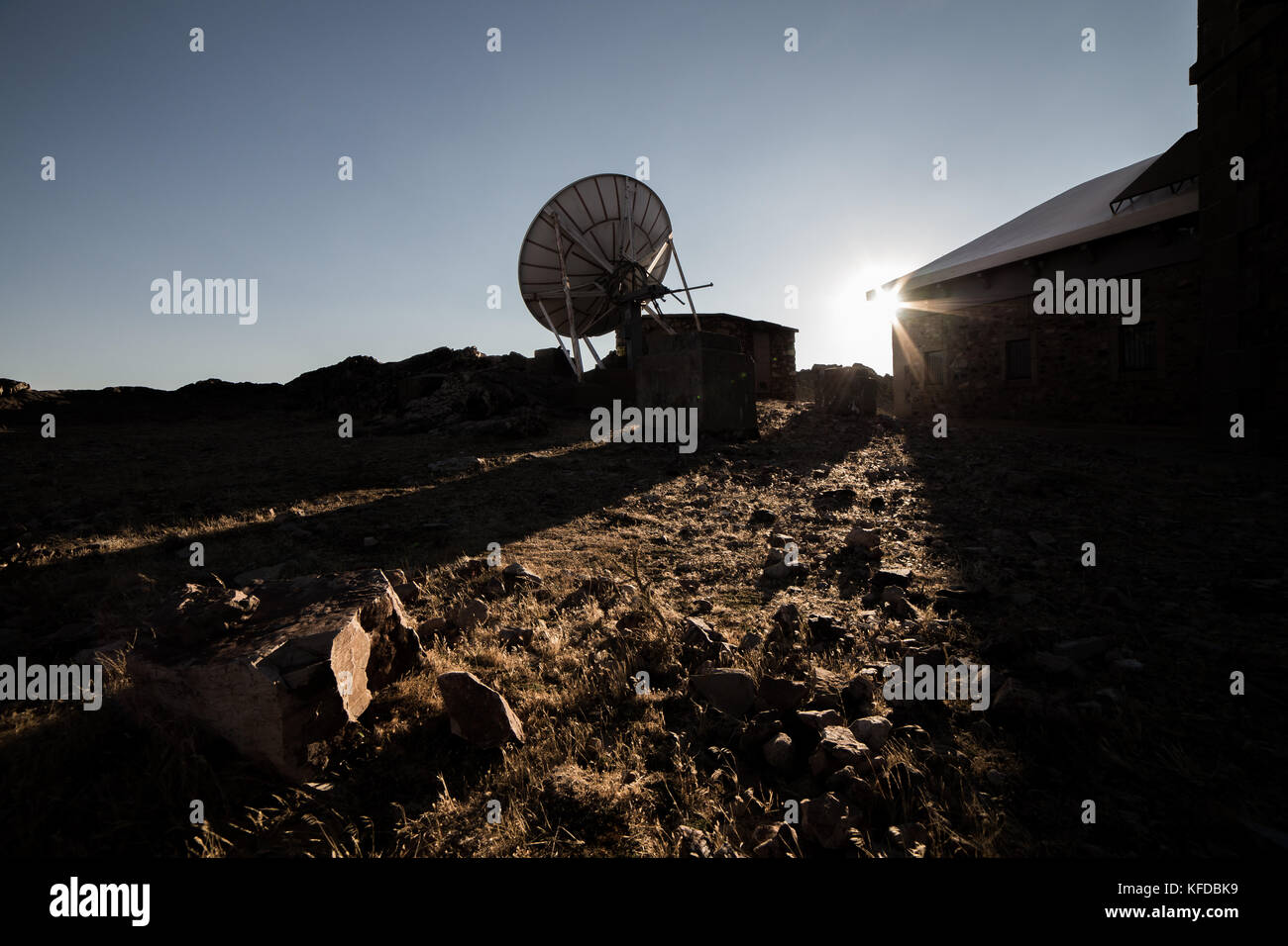 Mountain landscape with an abandoned parabolic antenna at dusk Stock ...