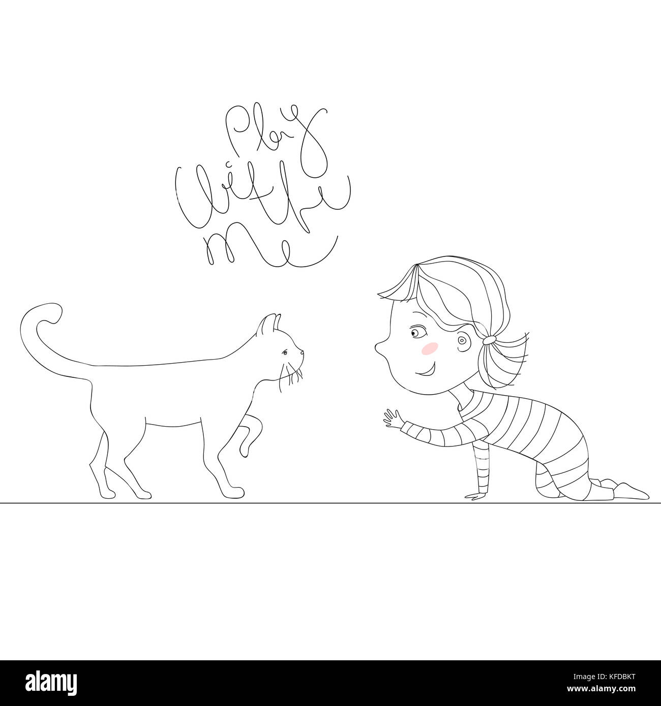 illustration with girl playing with kitten. text play with me Stock ...