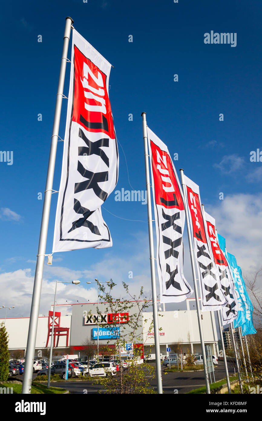 PRAGUE, CZECH REPUBLIC - OCTOBER 27: XXXLutz Mobelix corporation logo ...