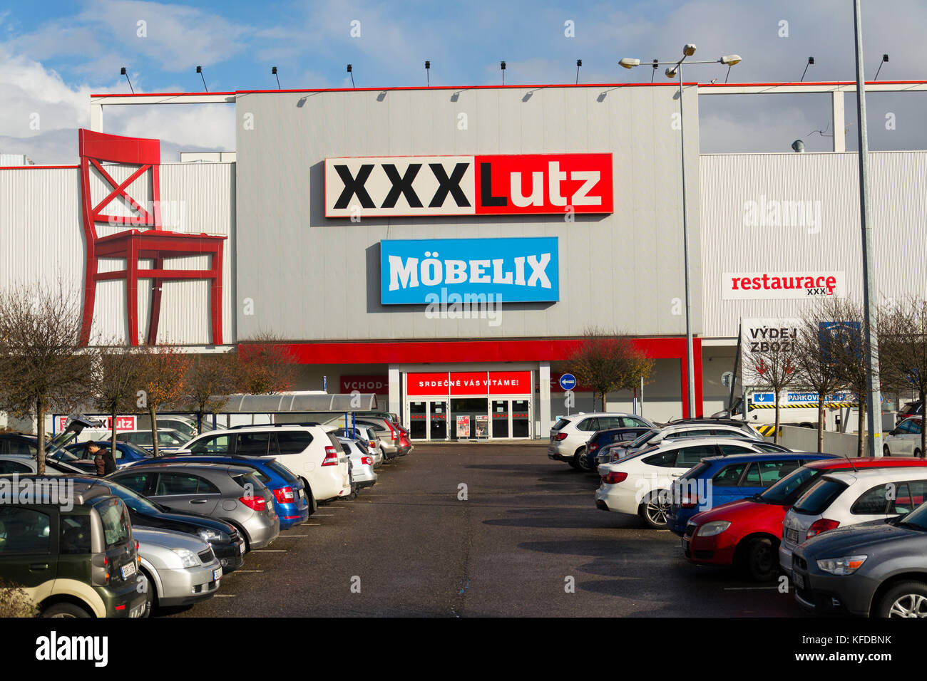 PRAGUE, CZECH REPUBLIC - OCTOBER 27: XXXLutz Mobelix corporation logo ...