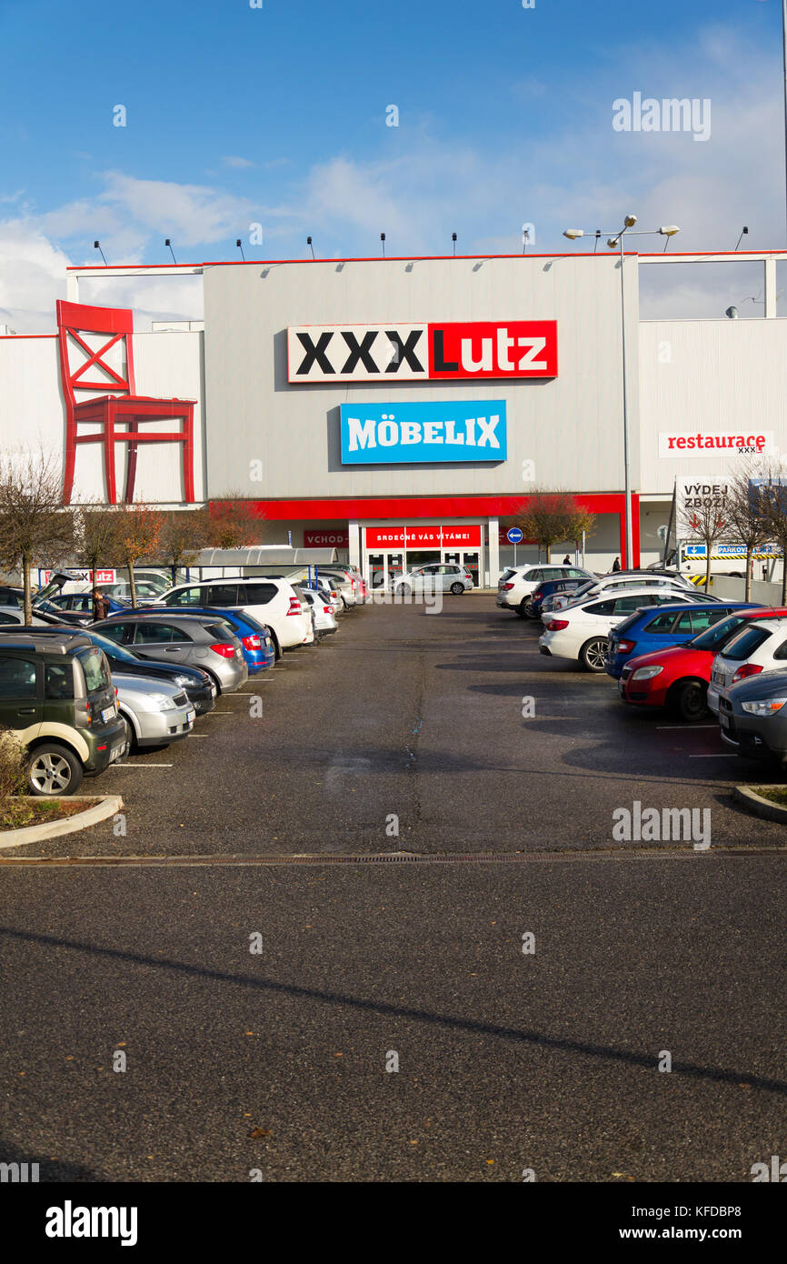 PRAGUE, CZECH REPUBLIC - OCTOBER 27: XXXLutz Mobelix corporation logo ...