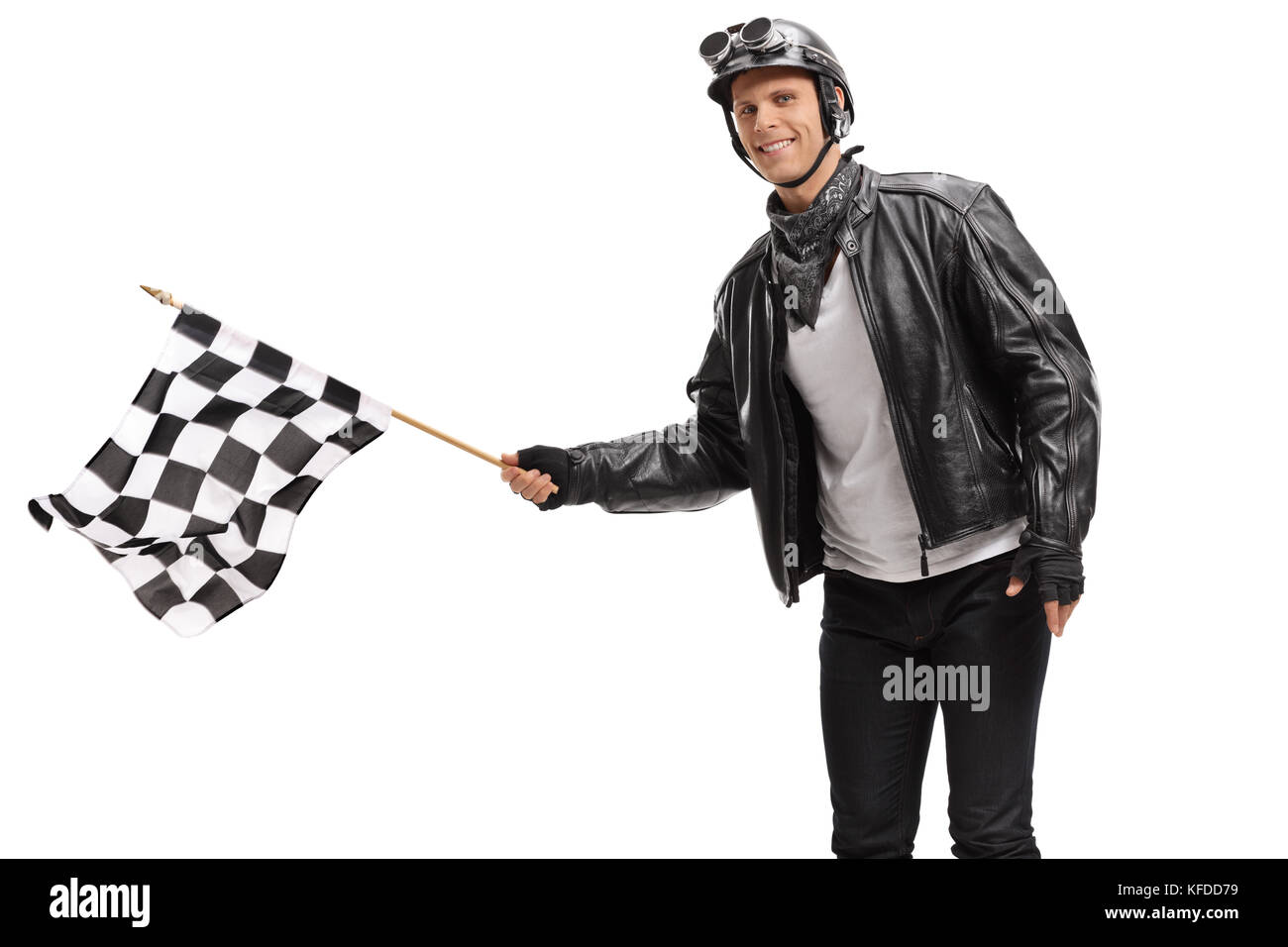 Biker waving a checkered race flag isolated on white background Stock ...
