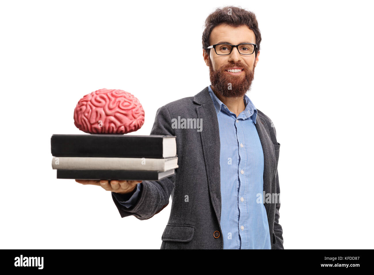 Professor showing a stack of books and a brain model isolated on white ...