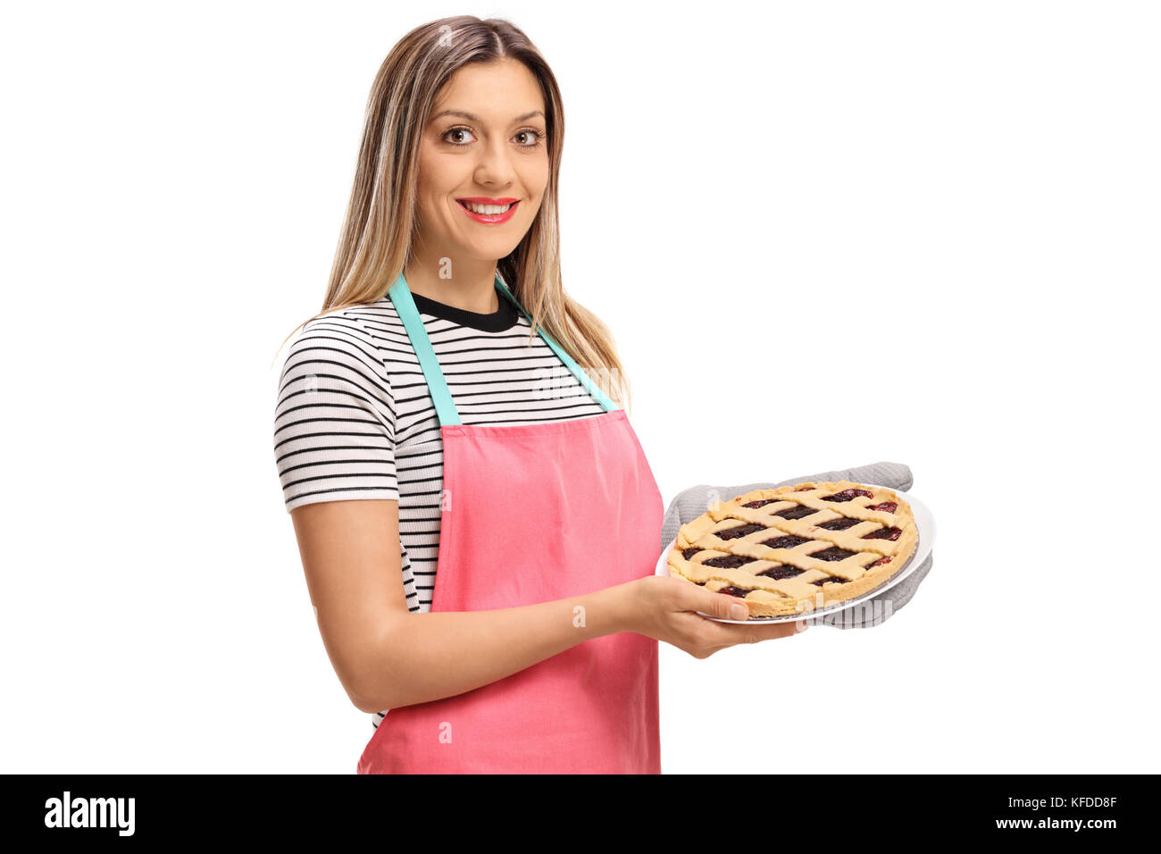Young woman holding a freshly baked pie isolated on white background ...