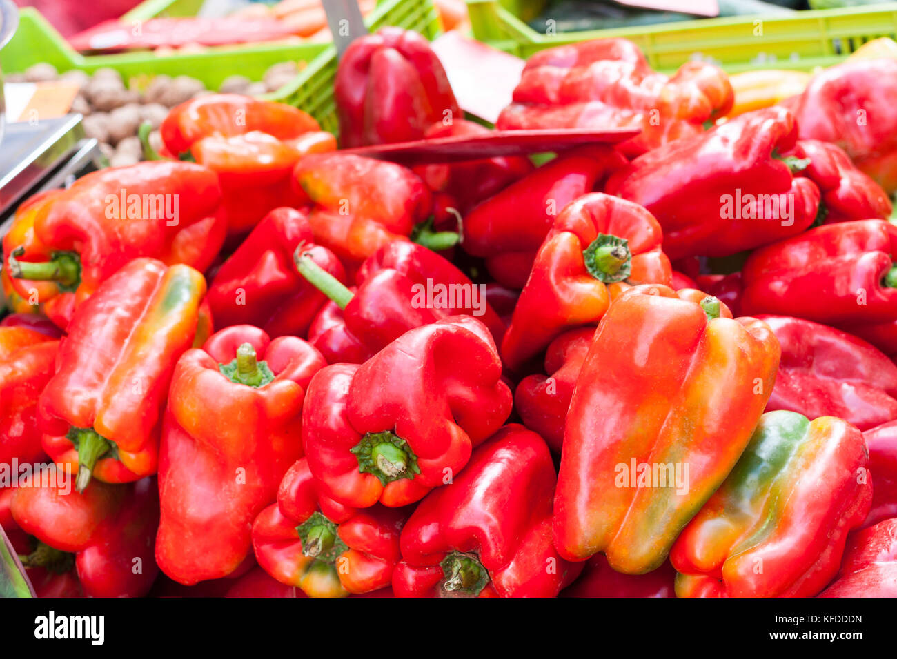 Red bell peppers (also known as sweet peppers or capsicum) for sale at ...