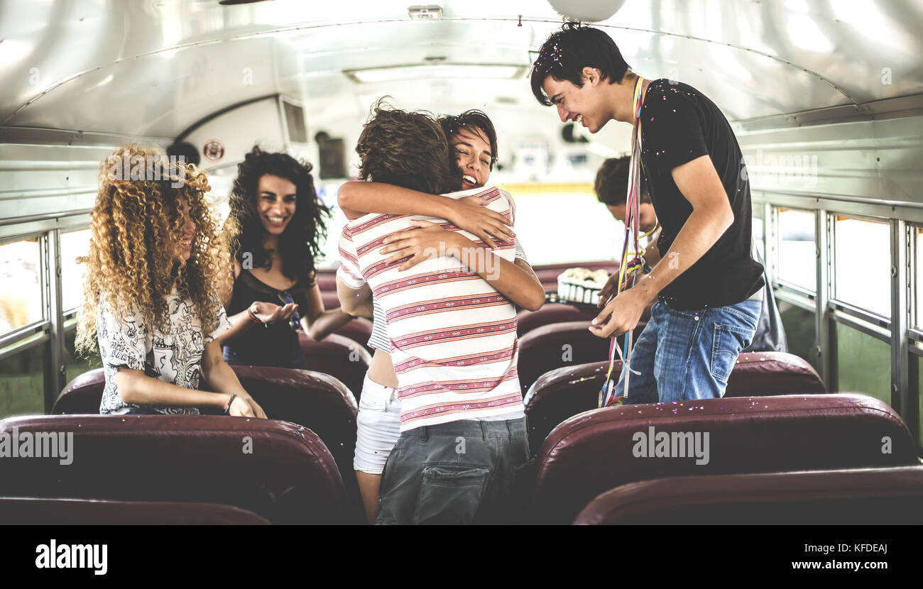 A group of young people in a party on a school bus Stock Photo - Alamy