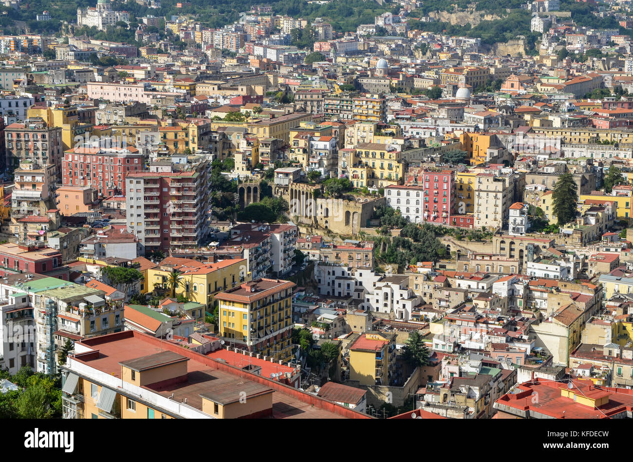 Aerial view over the city of Naples, with historic buildings and ...