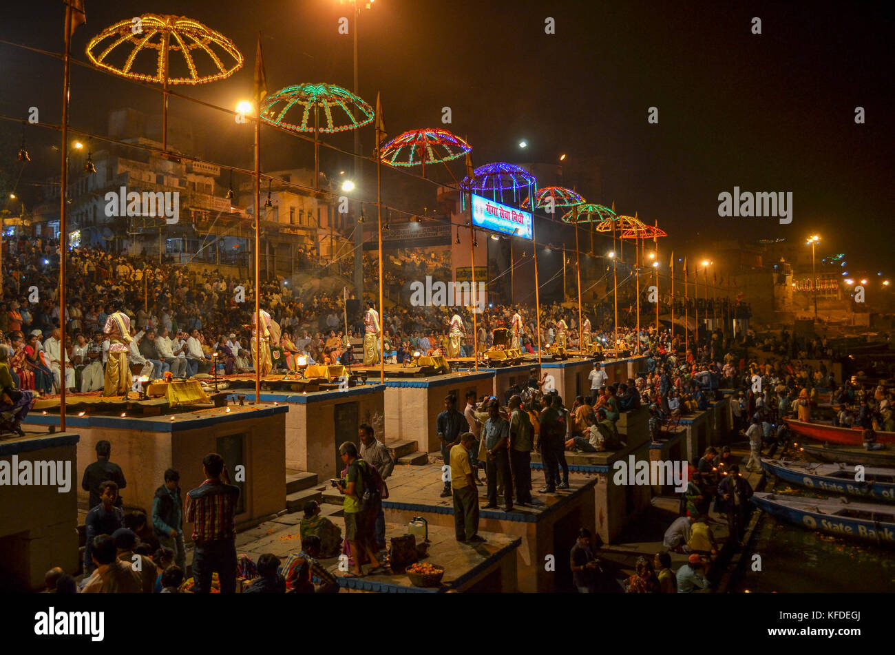 Crowds celebrating Diwali near the Ganges at Varanasi, India Stock ...