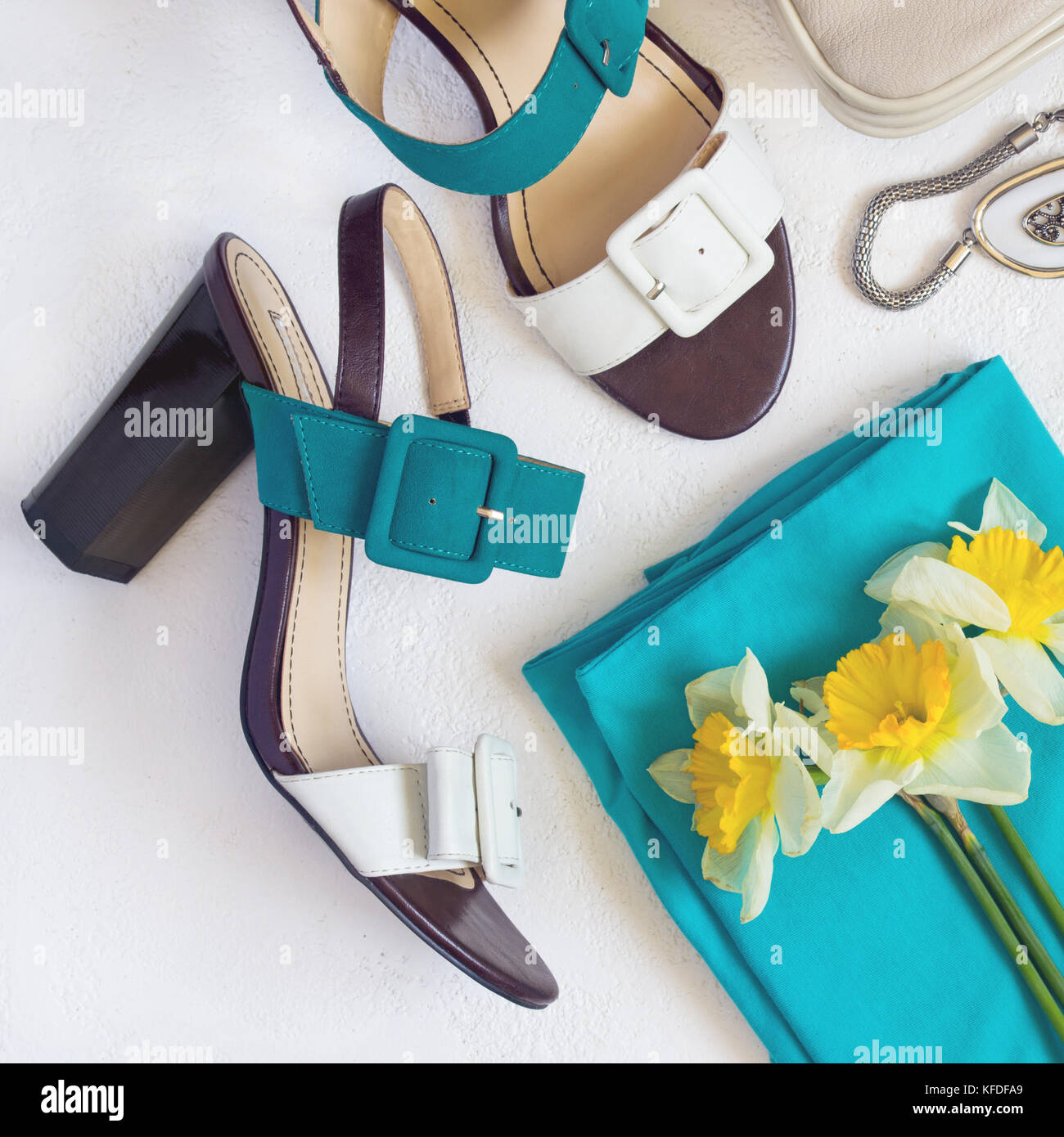 flat lay Women's shoes and accessories collage. Beauty and fashion ...