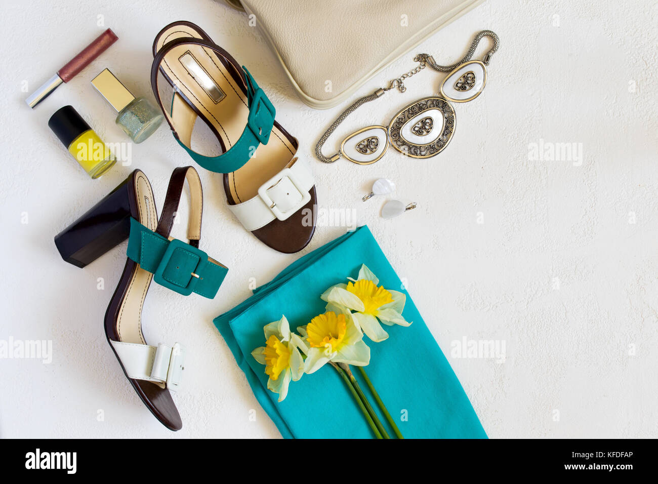 flat lay Women's shoes and accessories collage. Beauty and fashion ...