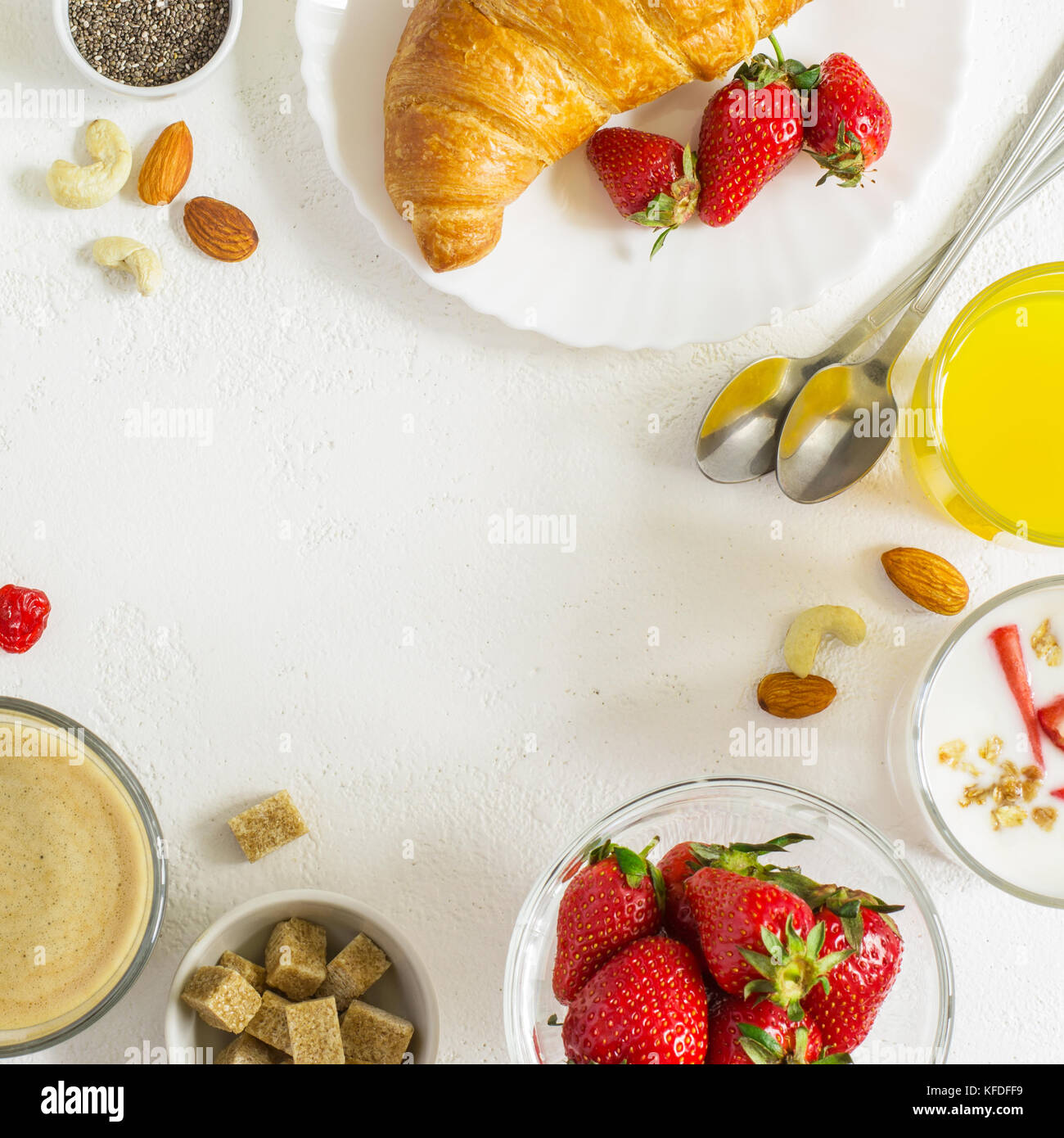 Food background with Assorted ingredients for breakfast on white ...