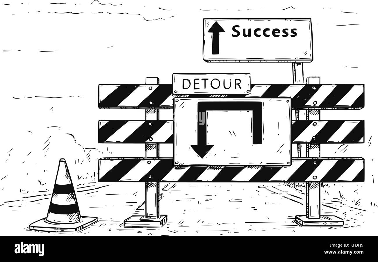 Vector cartoon drawing of road traffic block stop detour with success ...