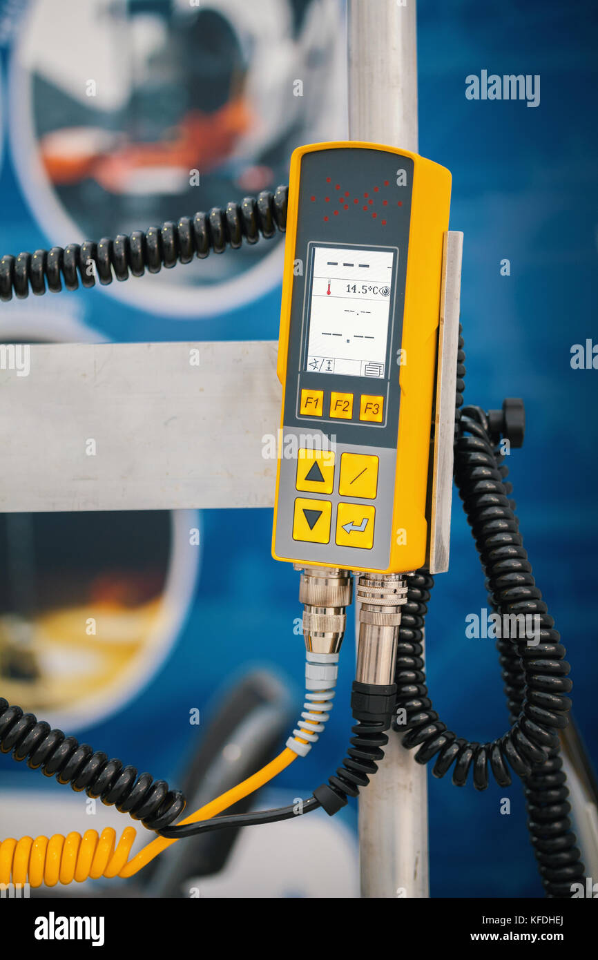 Industrial control remote panel in robotics manufacturing Stock Photo ...