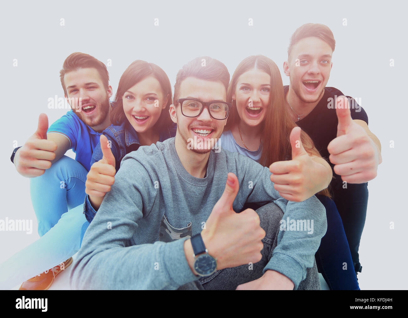 Happy joyful group of friends cheering isolated on white background ...