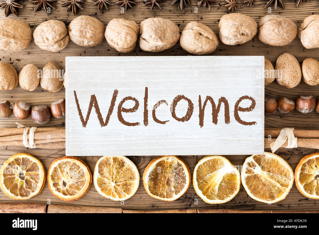 Sign With English Text Welcome. Christmas Food Flat Lay With Walnut ...