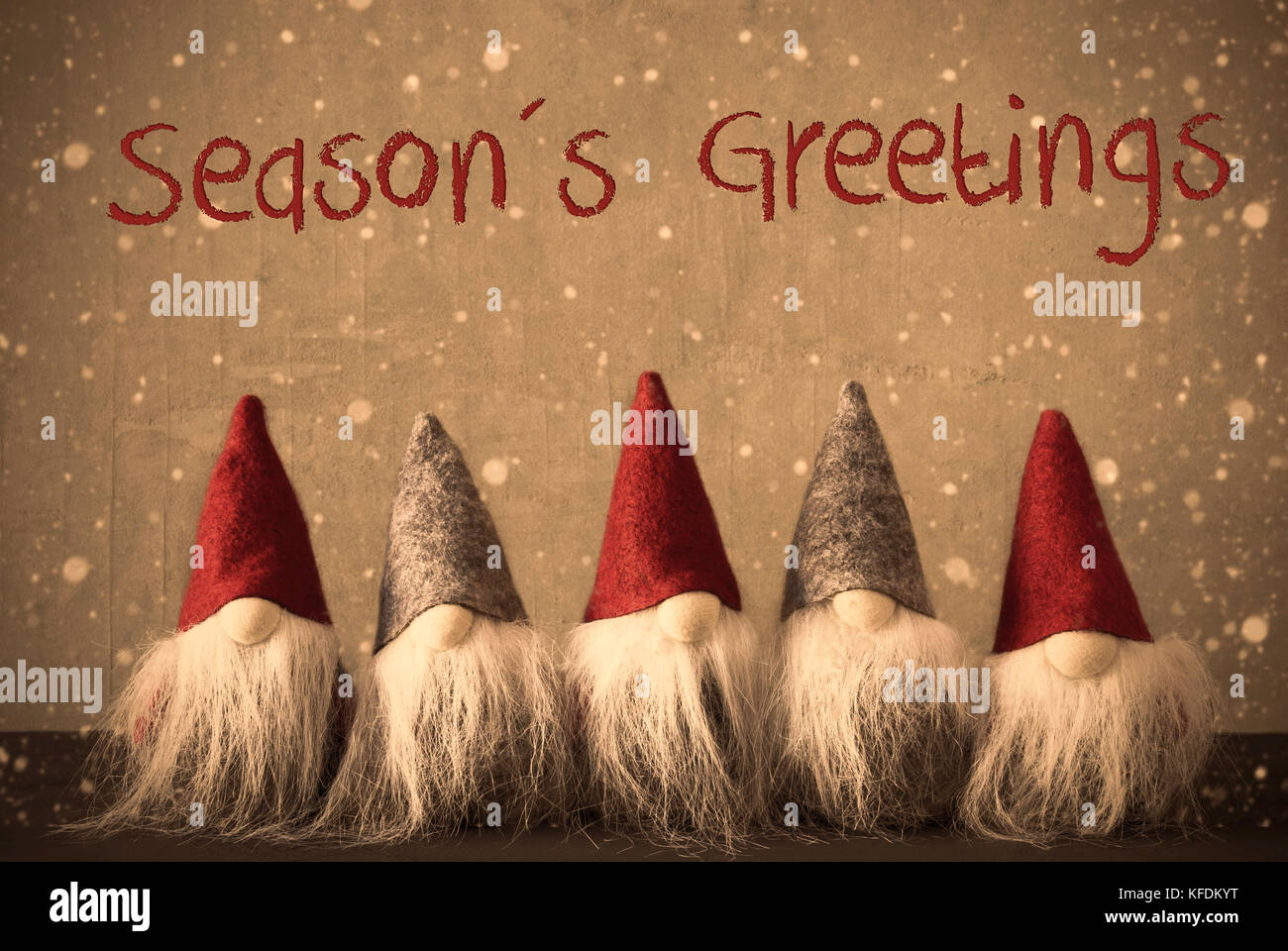 Gnomes With English Text Seasons Greetings. Background With Snowflakes ...