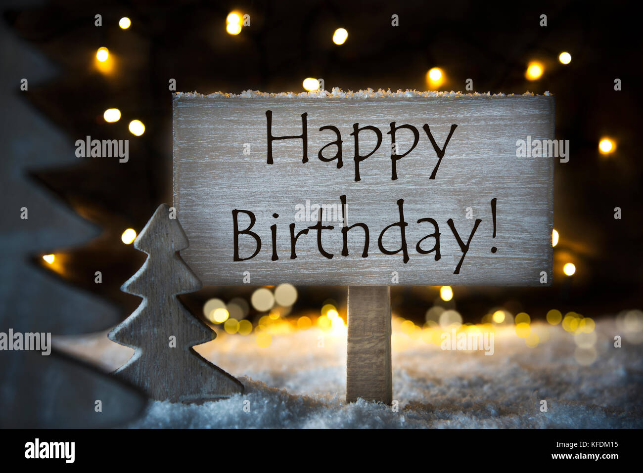 Sign With English Text Happy Birthday. White Christmas Tree With Snow ...