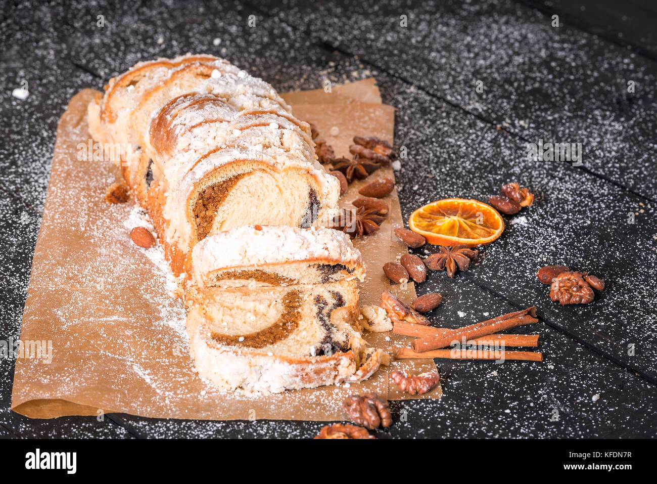 Appetizing looking sponge cake, homemade, sliced and displayed on the ...