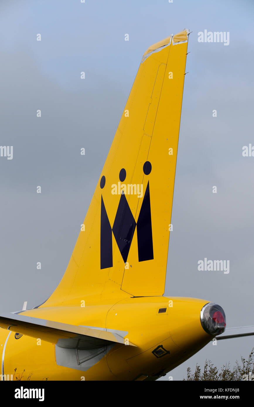 Monarch Airlines aircraft tail with logo. Plane stored at Cornwall ...