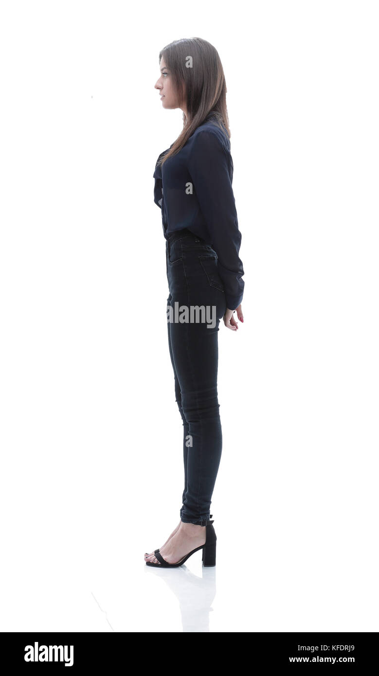 side view. serious young business woman. Full-length portrait. Business ...