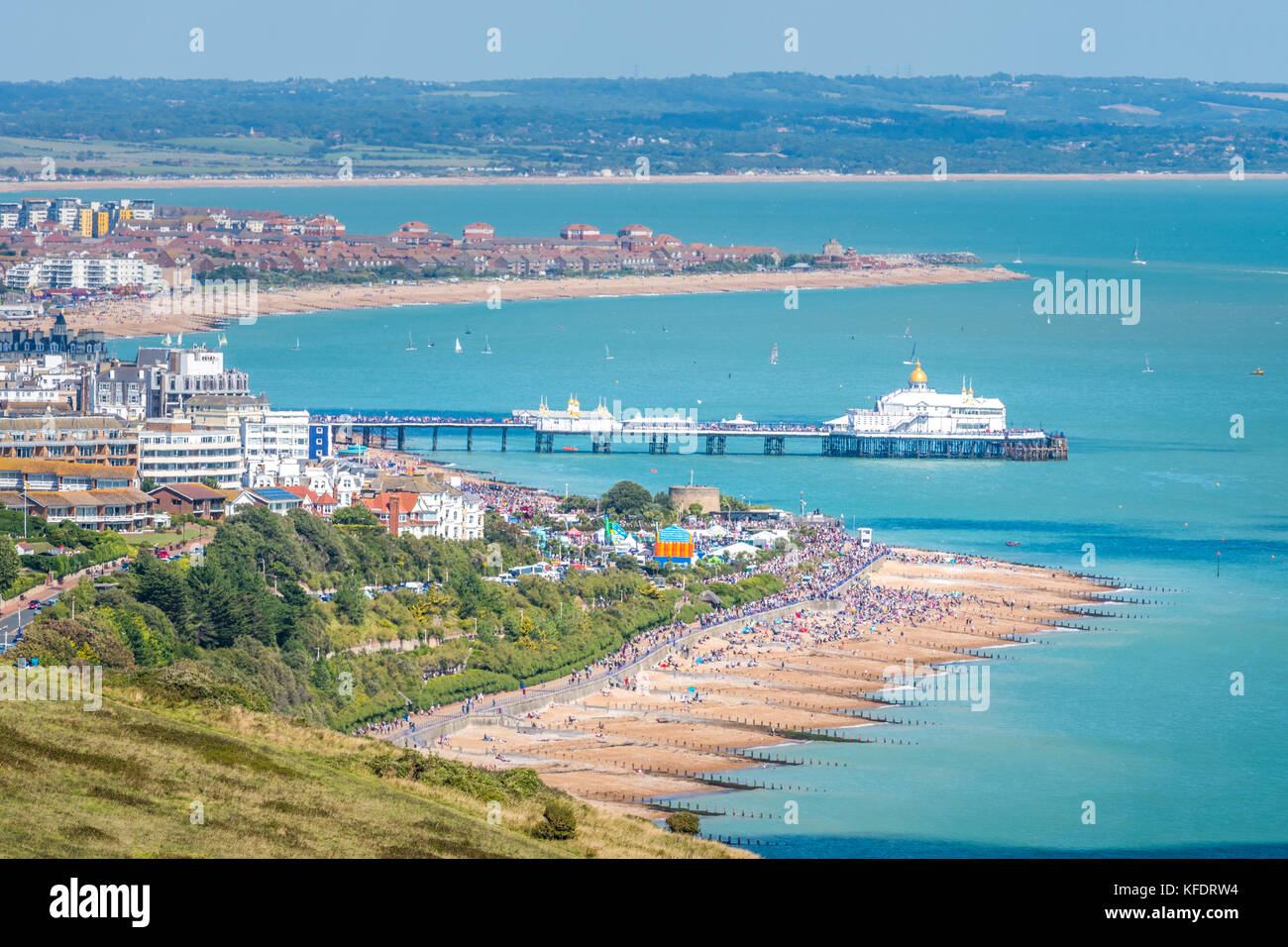 Aerial view of Eastbourne seafront, promenade, pier and English Channel ...