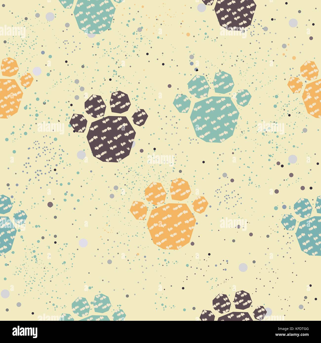 Cute Pattern with Golden dog paws with pastel blue stripes on beige ...